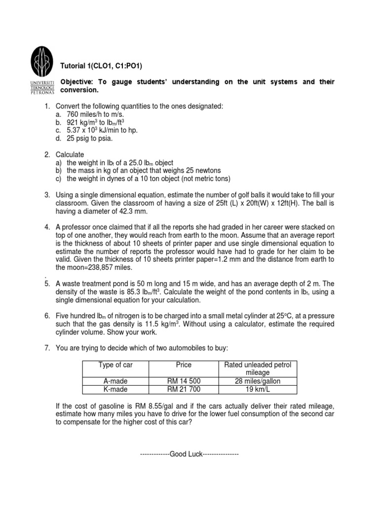 Tutorial 1-Unit and Dimension | PDF | Gasoline | Fuel Economy In Automobiles