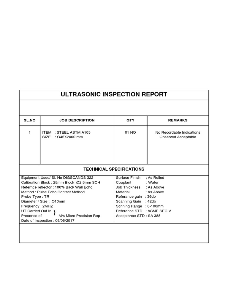 Ultrasonic Inspection Report Summary | PDF
