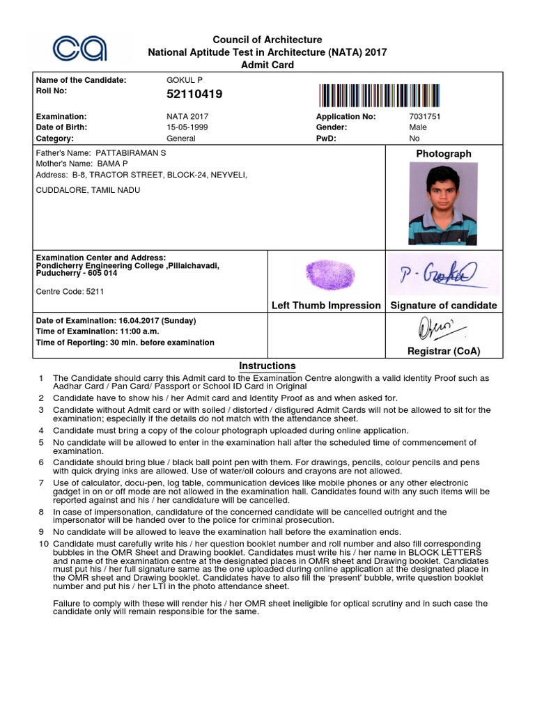 NATA2017 AdmitCard PDF | PDF | Computing And Information Technology