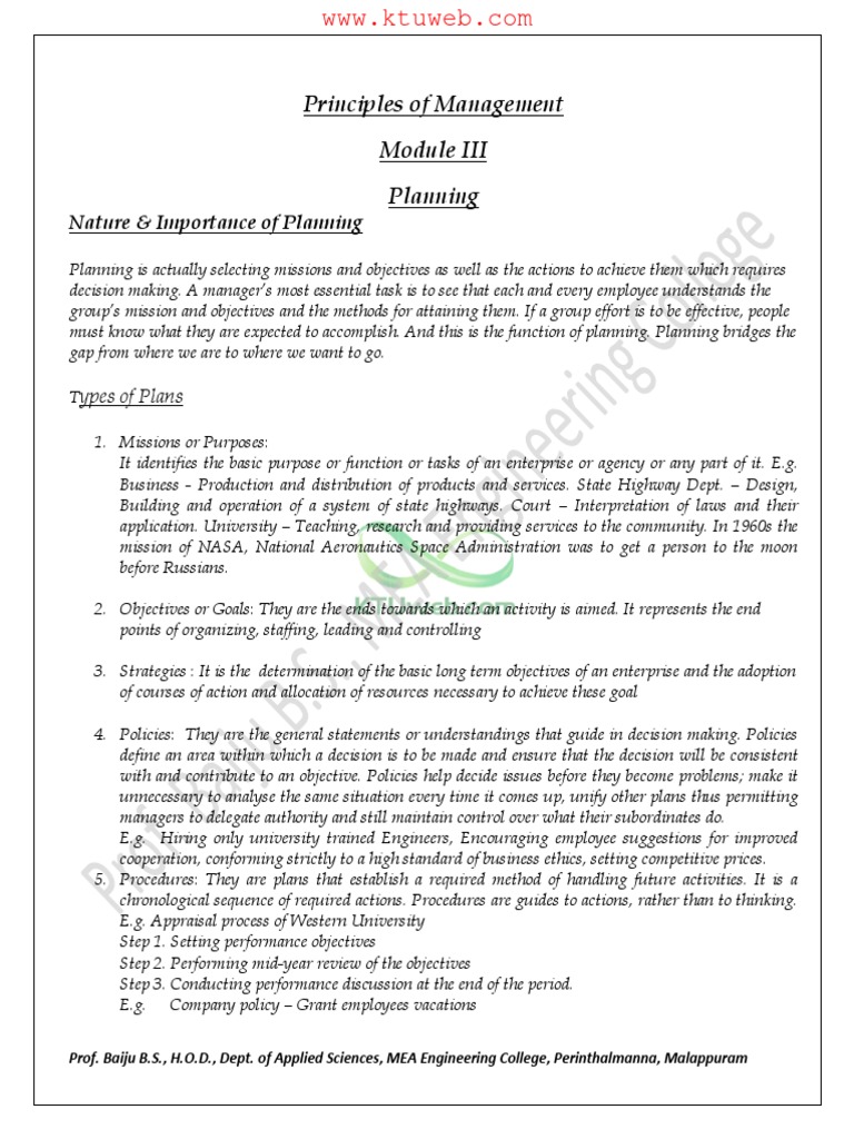 Ktu Principles of Management Notes Module 3 | PDF | Goal | Policy