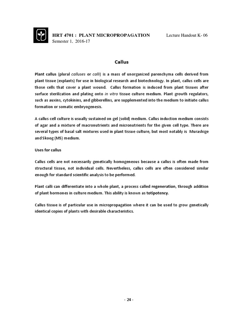 06 Lecture Handout K-06 Callus and Protoplast | PDF | Organisms ...