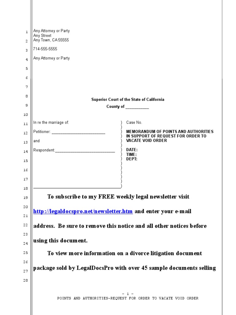 Sample Motion To Vacate Void Order in California Divorce | Lawsuit ...