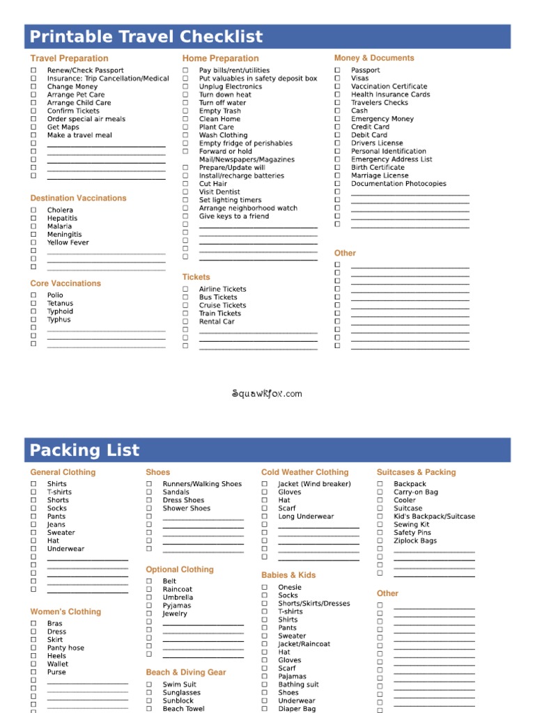 Printable Travel Checklist Packing List PDF | PDF