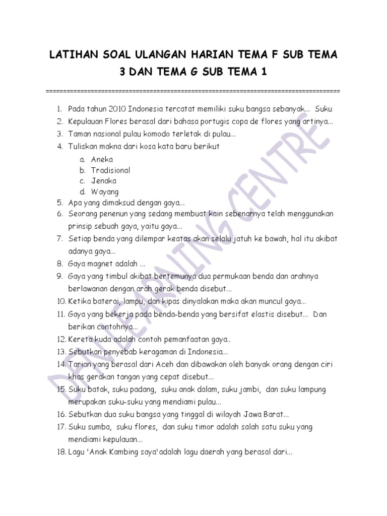 Latihan Soal Ulangan Harian Tema F Sub Tema 3 Dan Tema G Sub Tema 1 | PDF | Perjalanan