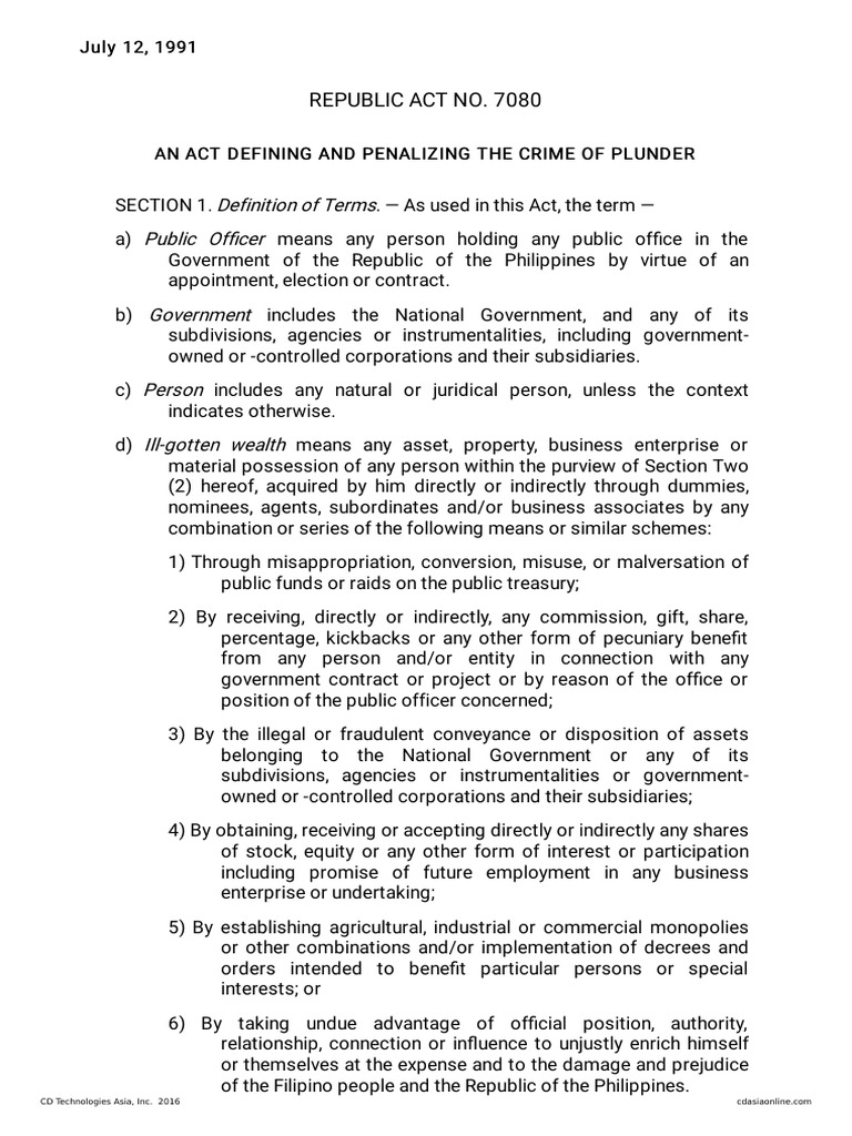 RA 7080 - Anti-Plunder Act | PDF | Conspiracy (Criminal) | Crime & Violence