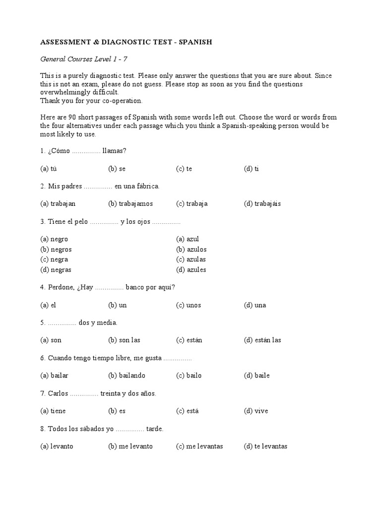 Spanish Assessment Exam | PDF | Ocio