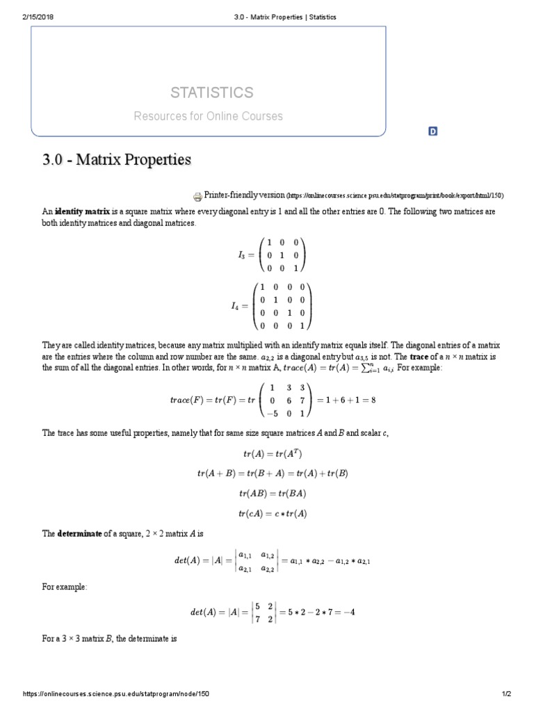 3.0 - Matrix Properties | PDF | Matrix (Mathematics) | Functions And Mappings