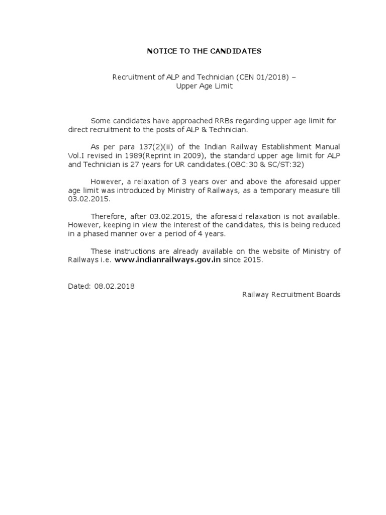 RRB Age Limit Official Notice | PDF