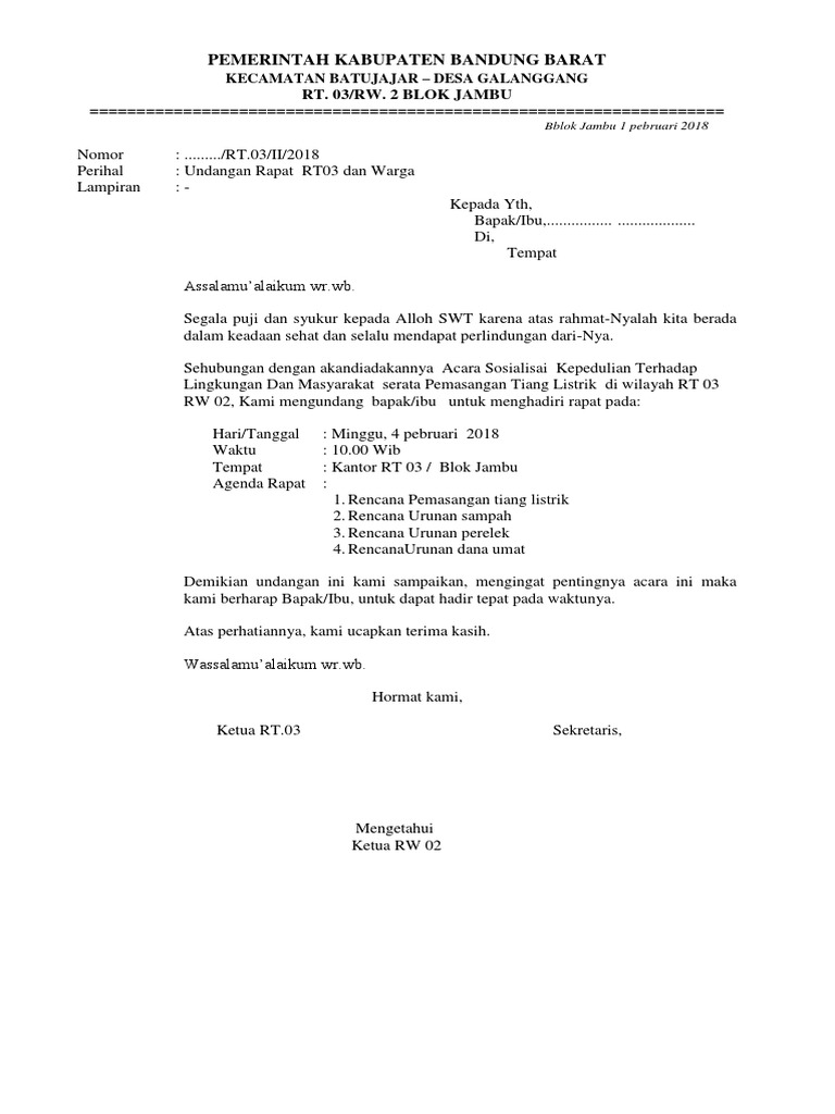 Contoh Surat Undangan Rapat RT | PDF