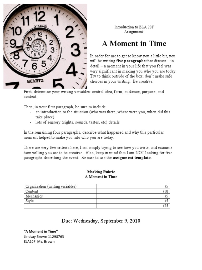 A Moment in Time: Introduction To ELA 20F Assignment | PDF | Cognition