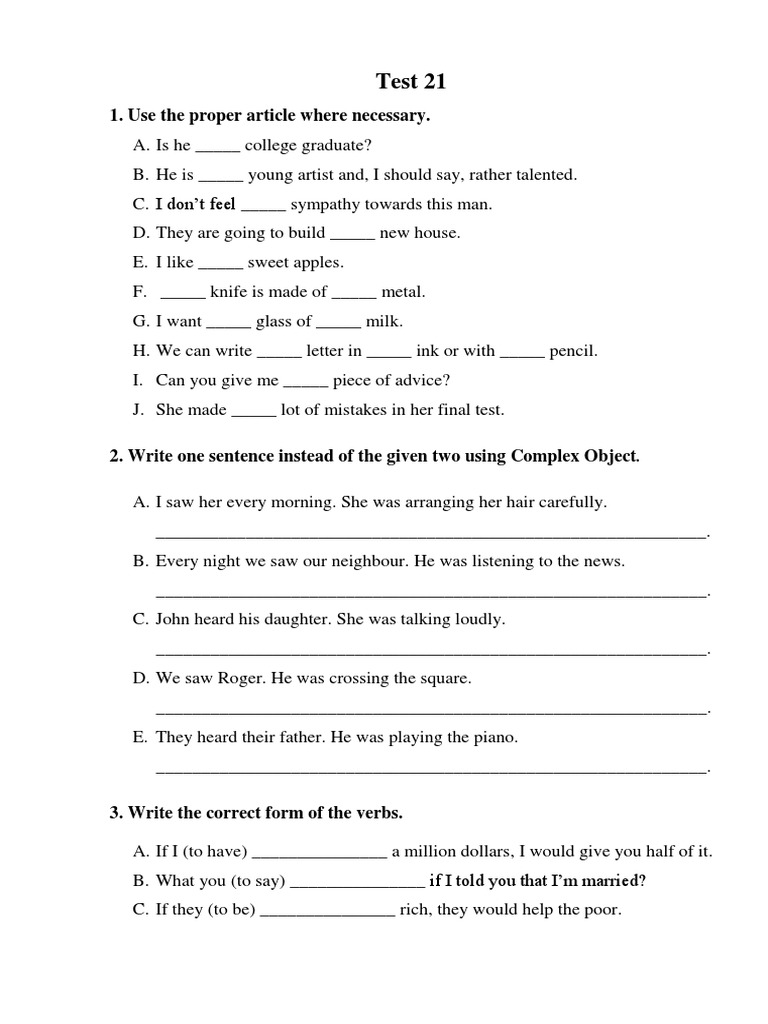 Test 21: 1. Use The Proper Article Where Necessary | PDF | English Language