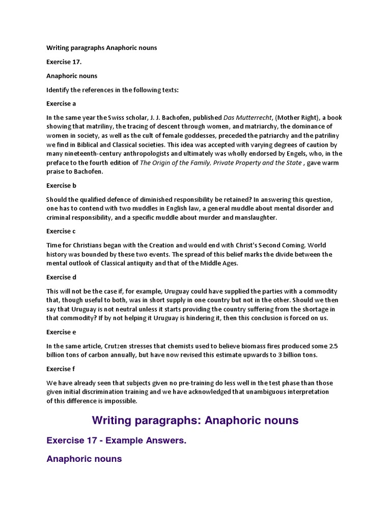 Anaphoric Nouns: Exercises and Analysis | PDF | Matriarchy | Religion ...