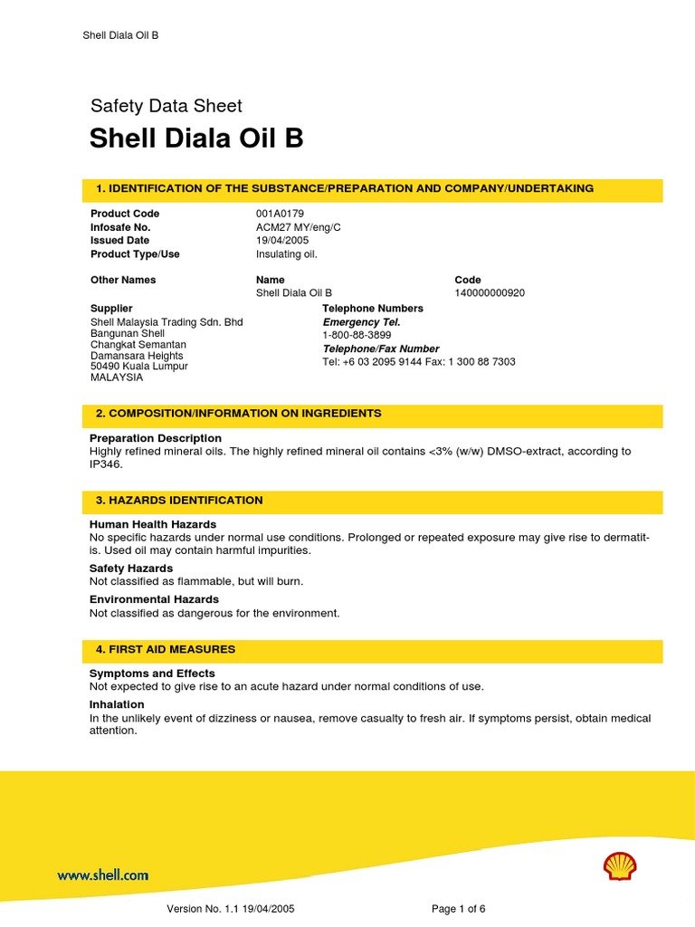 Shell Diala Oil B MSDS v01 | PDF | Toxicity | Dangerous Goods