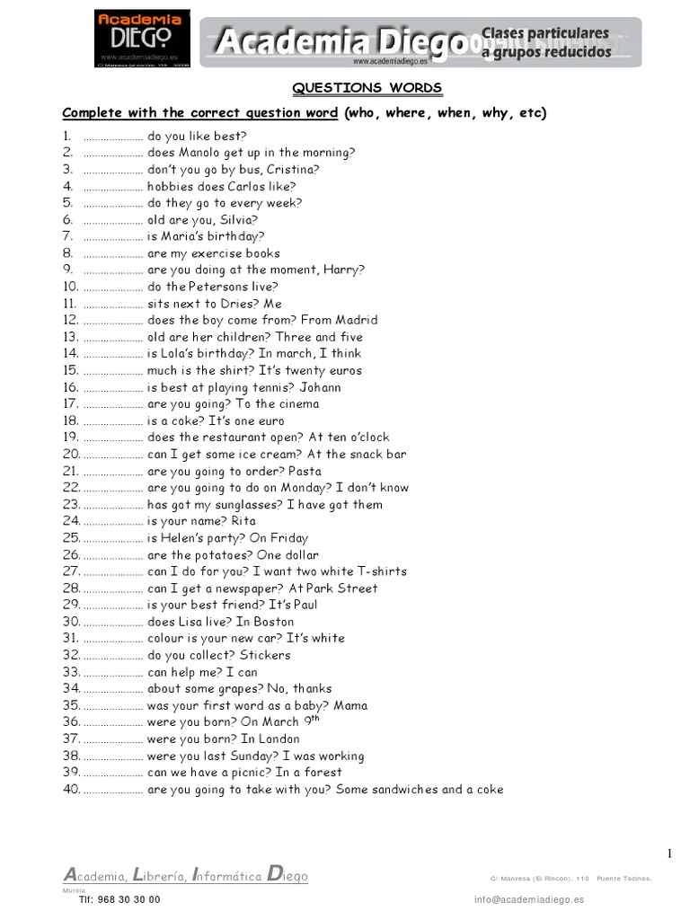 Questions Words Complete With The Correct Question Word (Who, Where ...