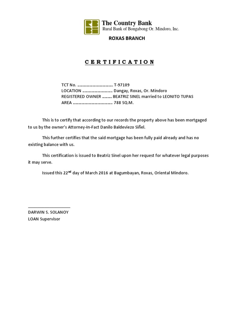 Certification of Mortgage Payment, Business Status, and Loan Redemption ...