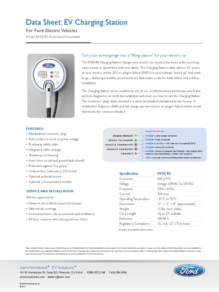 Ford EVSE-RSdatasheet 0513r1 | PDF | Plug In Hybrid | Electric Vehicle