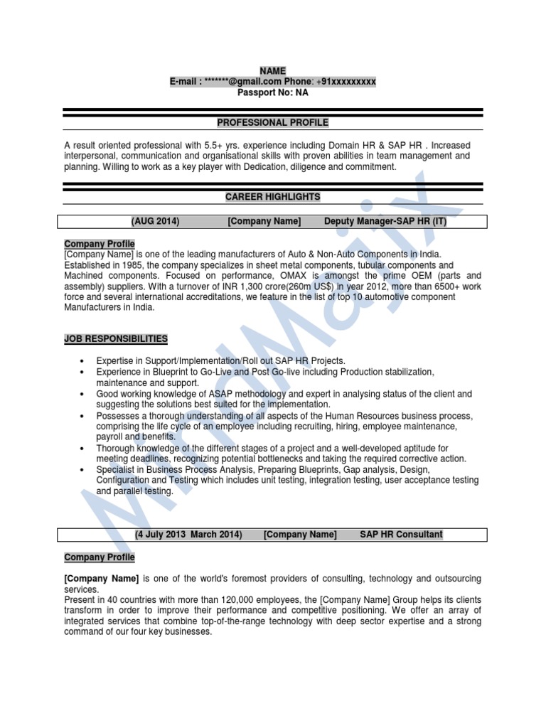 SAP HR Sample Resume 1 | Expert | Payroll
