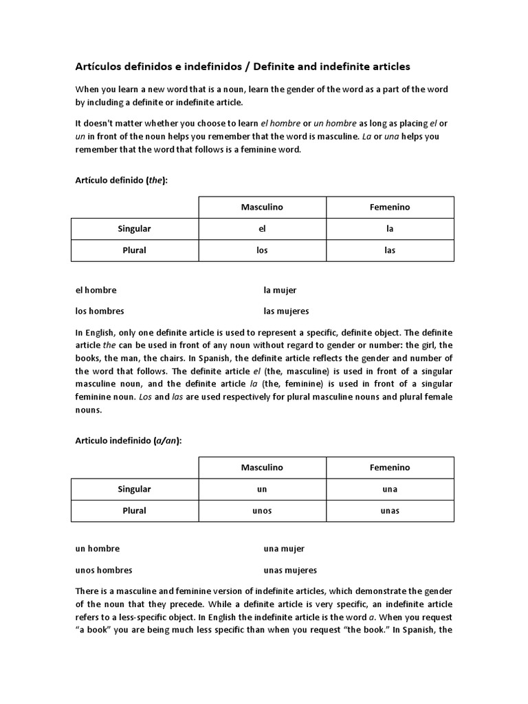 Artículos Definidos e Indefinidos | PDF | Grammatical Gender ...