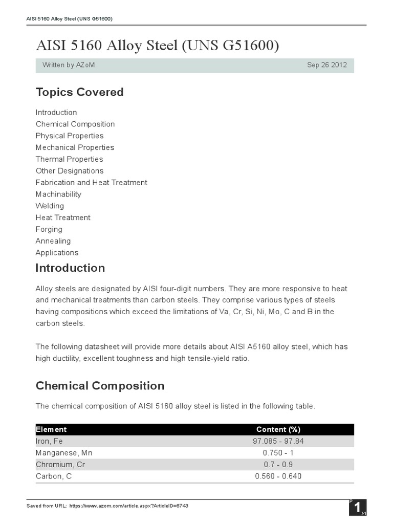 Aisi 5160 Alloy Steel (Uns g51600) | PDF | Alloy | Steel