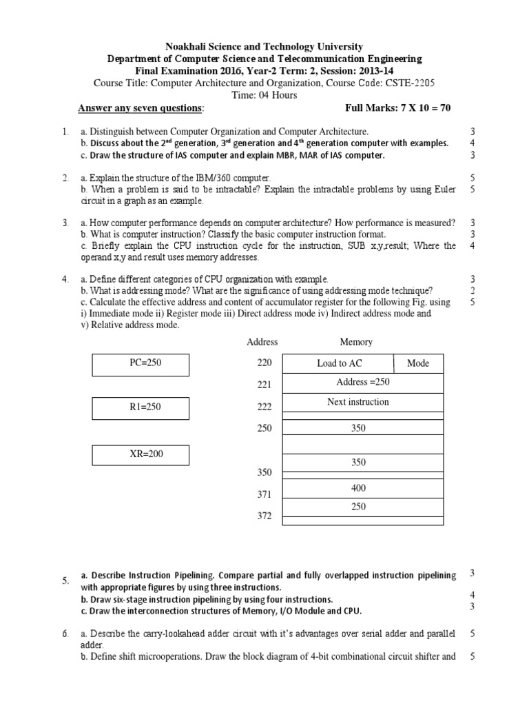 Course Title: Computer Architecture and Organization, Course Code: CSTE-2205 Time: 04 Hours ...
