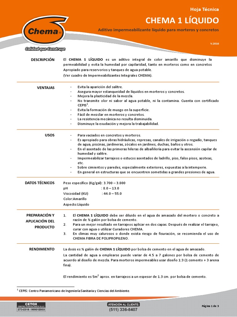 Chema - HT - Chema 1 Liquido - v2016 | PDF | Cemento | Agua
