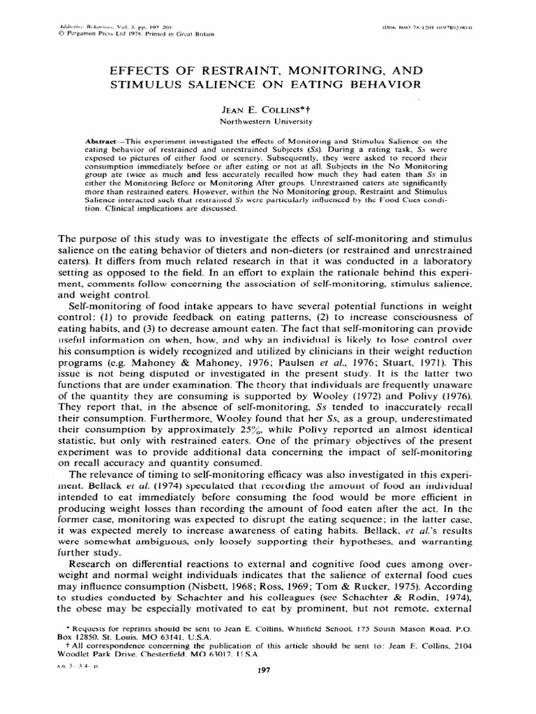1978 Effects of Restrained Monitoring Stimulus Eating Behavior | PDF ...