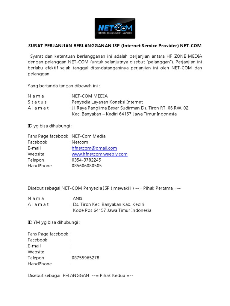 Surat Perjanjian Berlangganan Netcom Anis | PDF