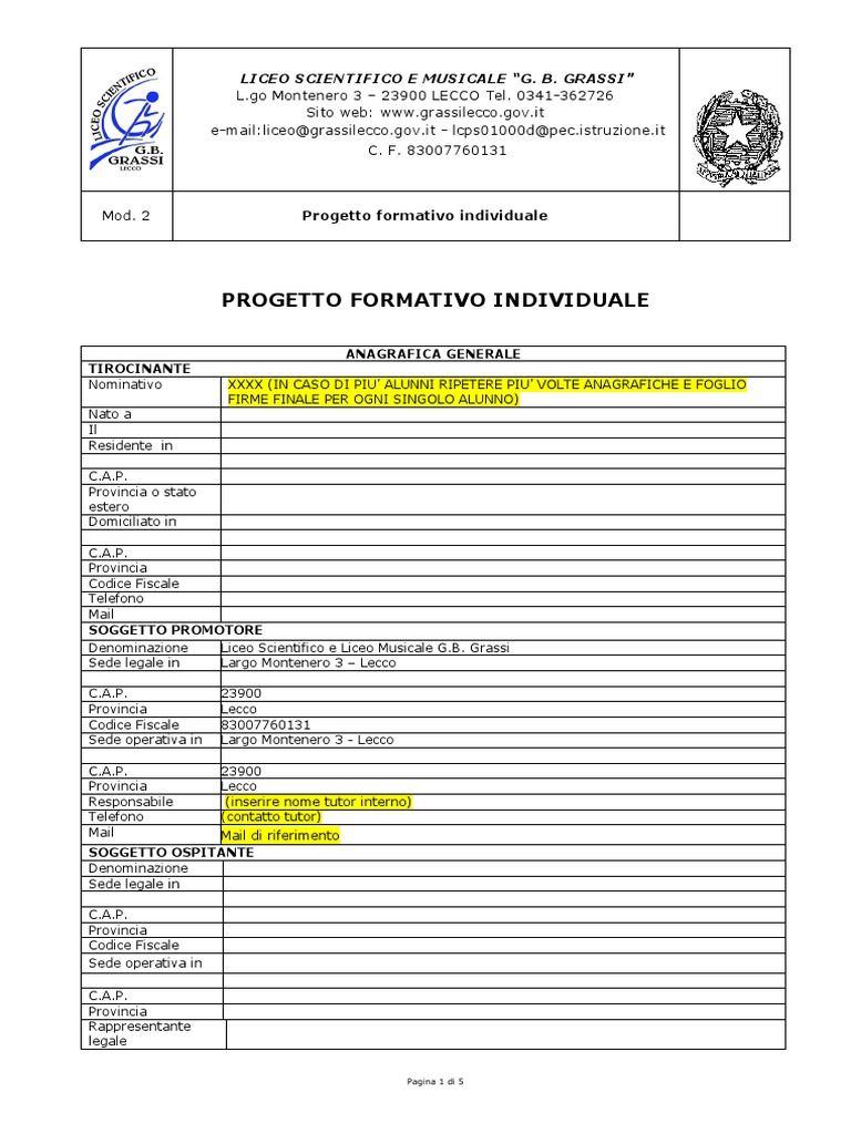2. Modulo Progetto Formativo Individuale | Internship | Science (General)