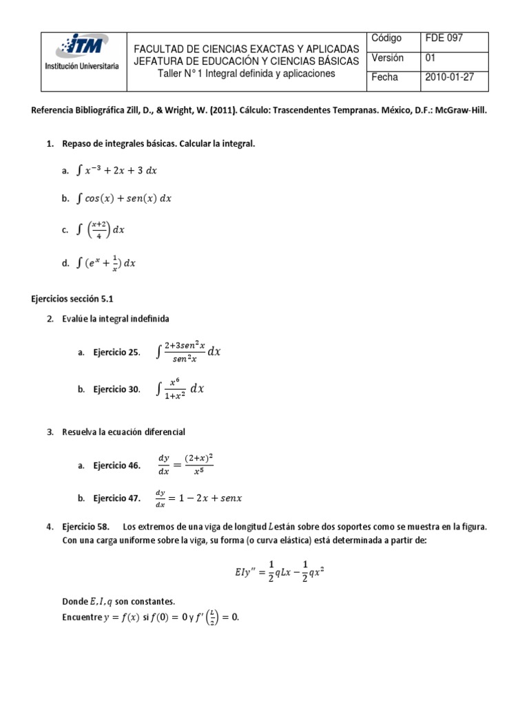 Taller #1 Cálculo Integral | PDF | Integral | Conceptos matemáticos