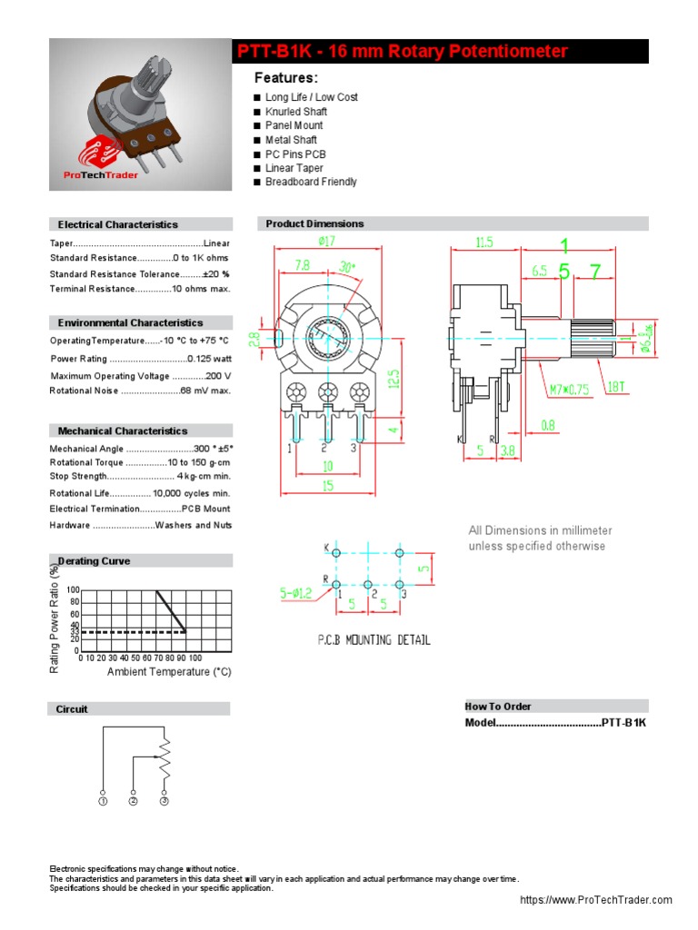 B1k Rotary Potentiometer Spec Sheet | PDF | Electrical Resistance And ...