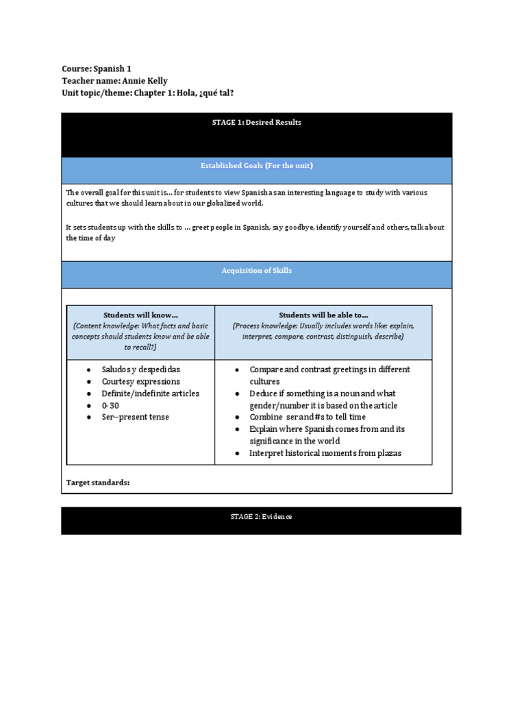 Spanish 1 Chapter 1 Ubd | PDF | Educational Assessment | Linguistics