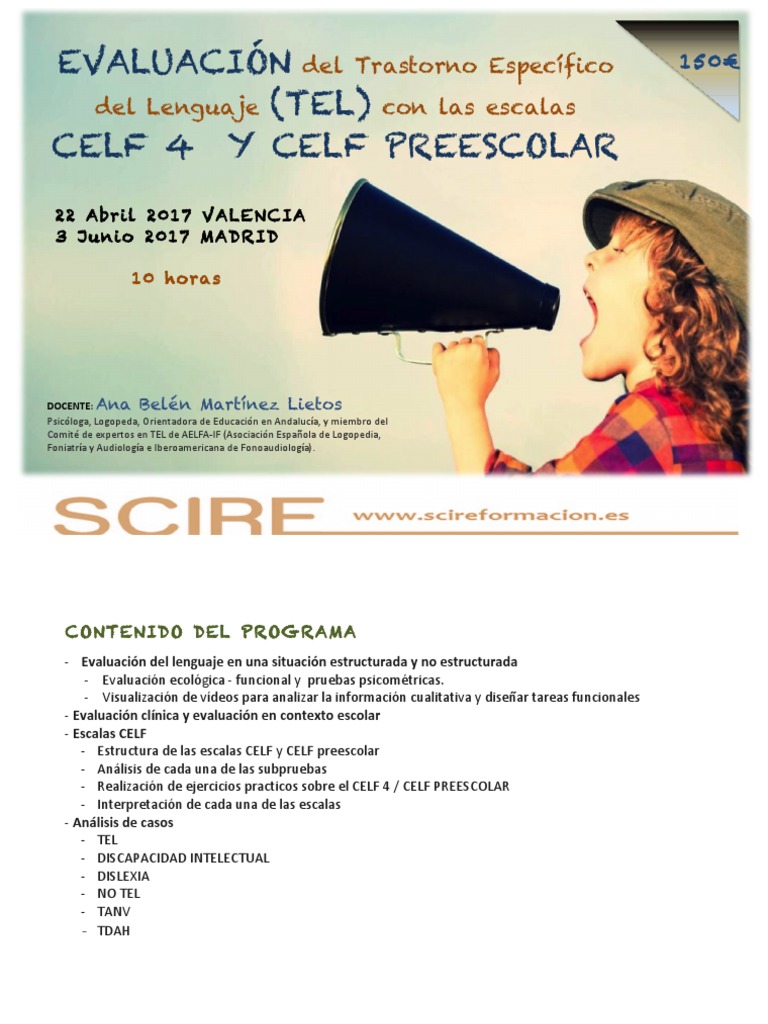 Evaluación TEL con CELF 4 y Preescolar | PDF | Patología del habla y ...