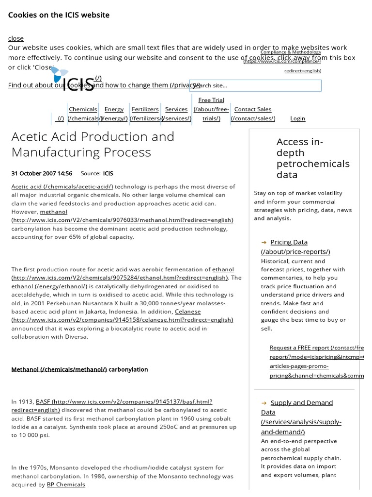 Acetic Acid Production Methods Overview | PDF | Acetic Acid | Ethylene