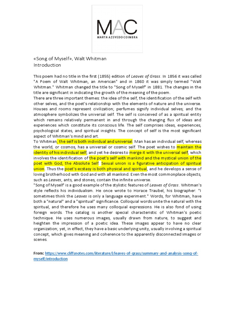 Song of Myself | PDF | Self | Walt Whitman