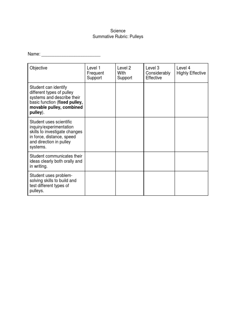 Pulleys Achievement Rubric Grade 4 Summative Assessment | PDF