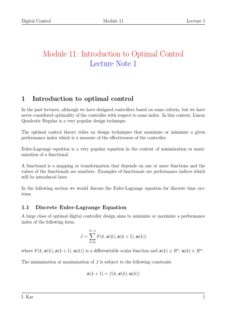 Module 11: Introduction To Optimal Control: Lecture Note 1 | PDF ...