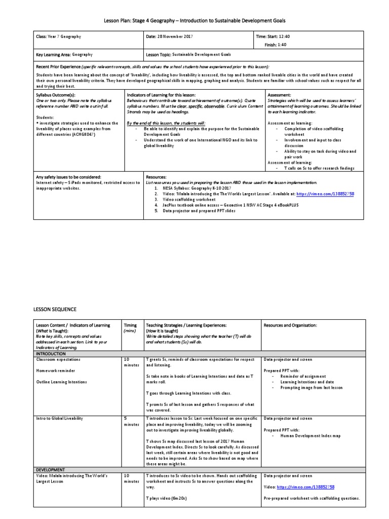 Grade 7 Geography: Sustainable Goals Lesson | PDF | Educational ...