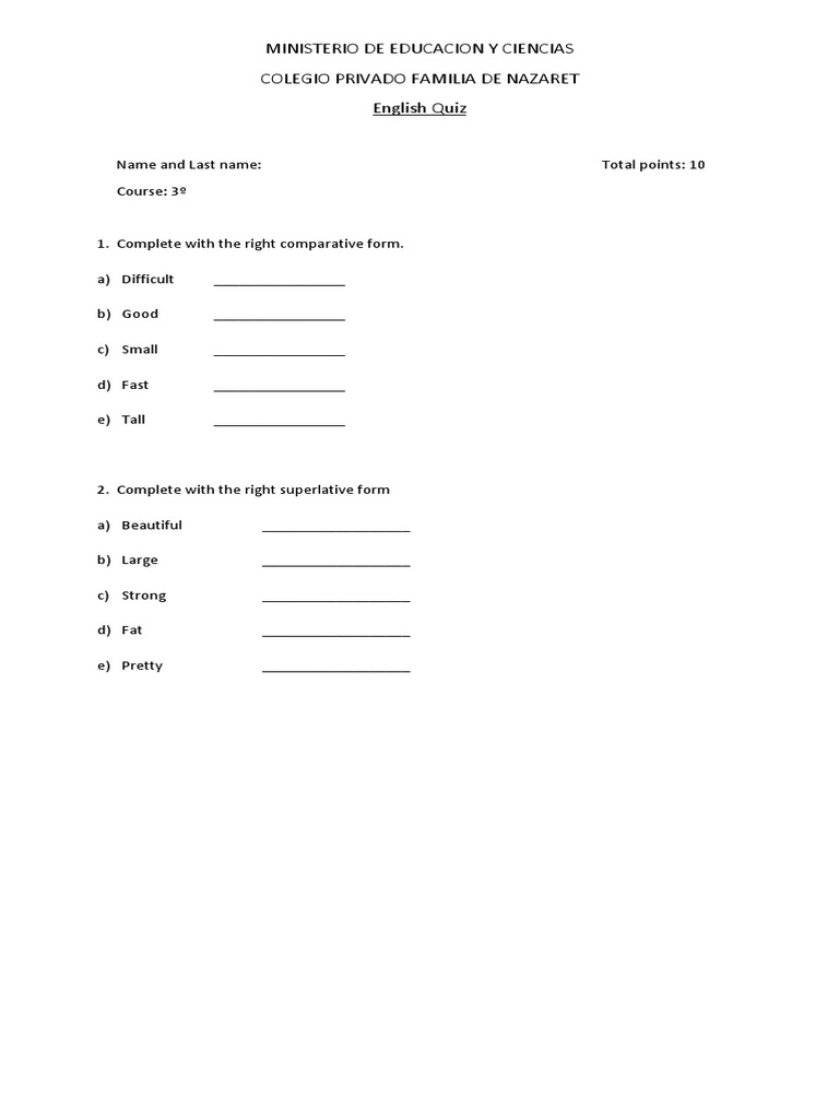 English Quiz: Comparatives and Superlatives | PDF | Teaching Methods ...