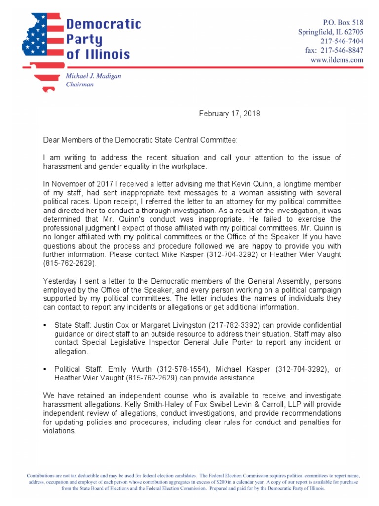 Madigan Letter To State Democratic Party Leaders | PDF | Harassment ...