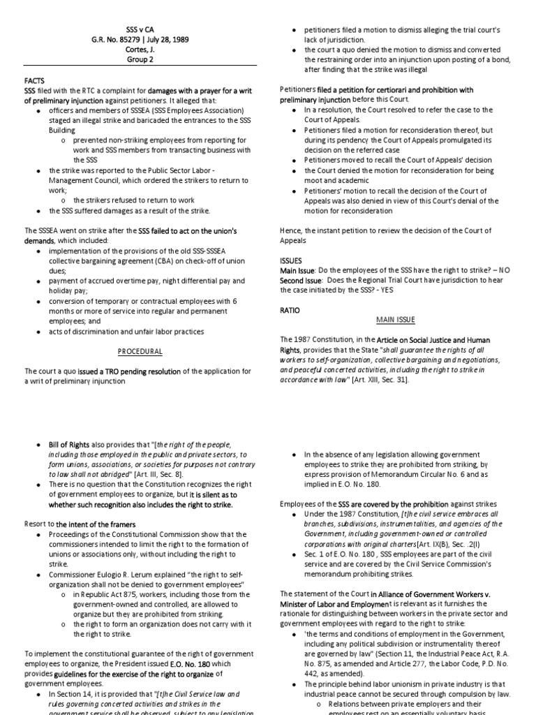 SSS Employees Association V CA | PDF | Strike Action | Injunction
