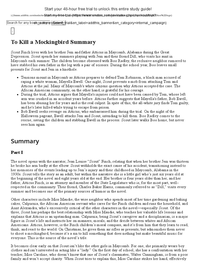 To Kill A Mockingbird Summary | PDF | To Kill A Mockingbird | Social ...