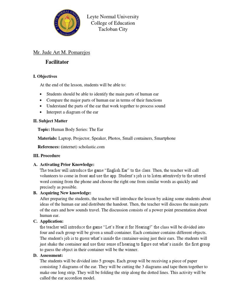 Lesson Plan (Ears) | PDF | Lesson Plan | Ear