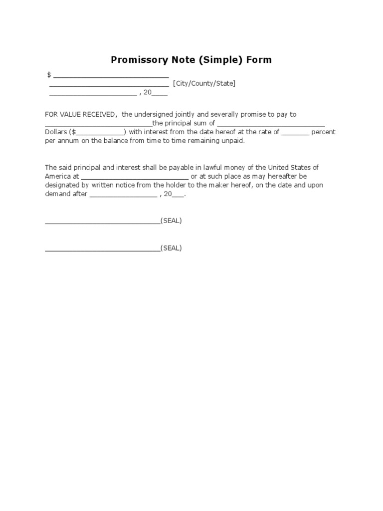 Promissory Note Simple Form | PDF | Promissory Note | Financial Markets