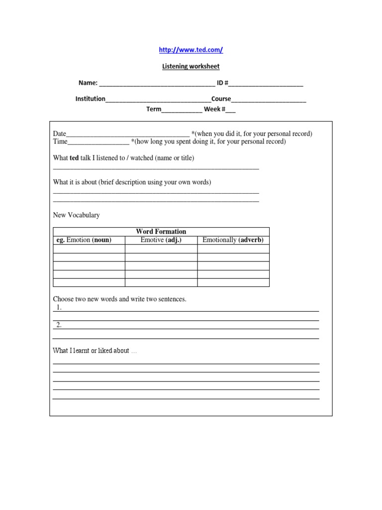 TED Talk Listening Worksheet Template | PDF | Art | Computers