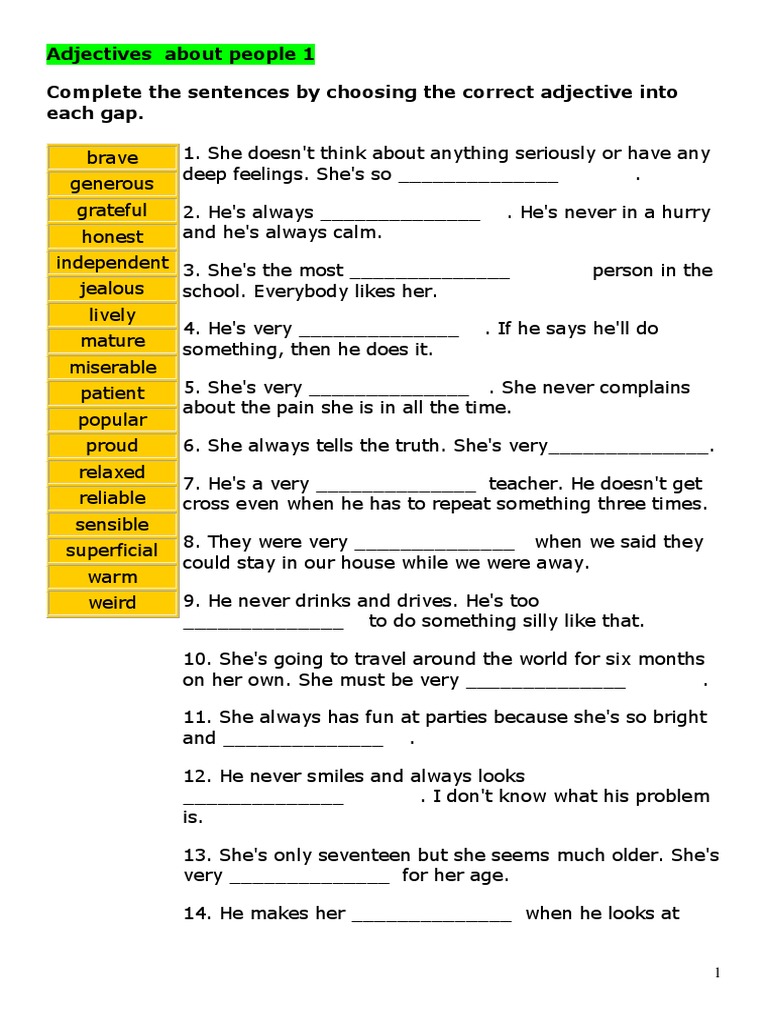 Adjectives About People 1 Complete The Sentences by Choosing The ...