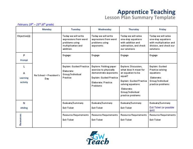 Apprentice Teaching: Lesson Plan Summary Template | PDF | Equations ...