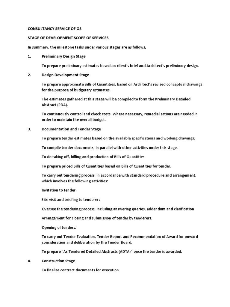 Consultancy Service of Qs Stage of Development Scope of Services | PDF ...
