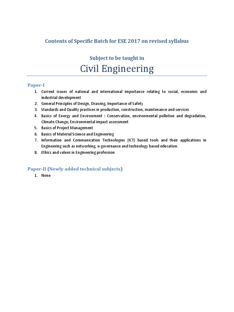 Civil Engineering: Contents of Specific Batch For ESE 2017 On Revised ...