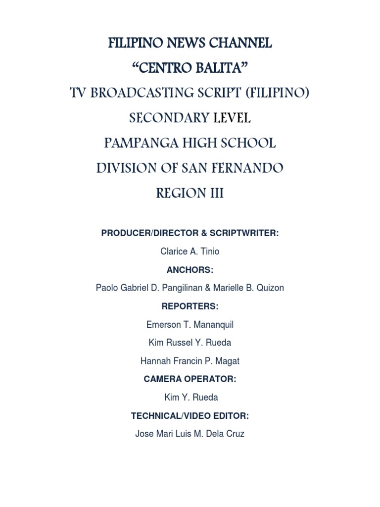 Filipino News Channel "Centro Balita" TV Broadcasting Script (Filipino ...