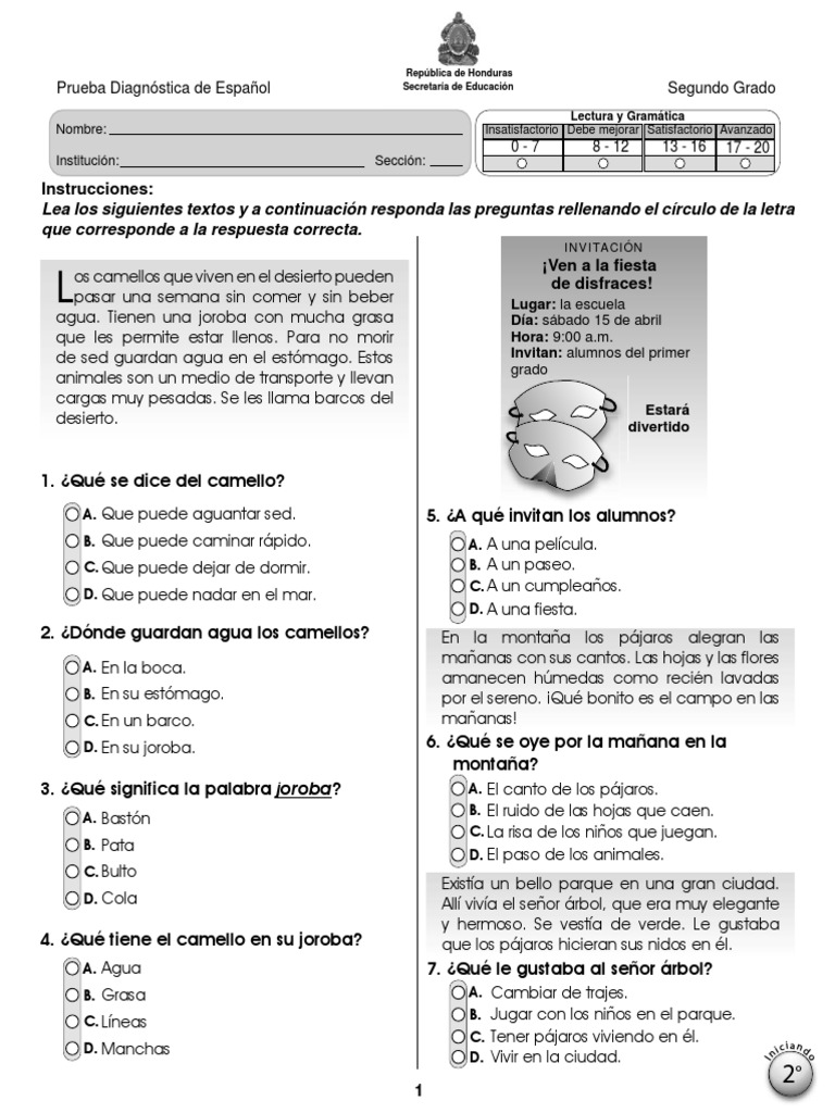 Prueba Diagnóstica de Español 2° Grado | PDF | Hormiga | Burro